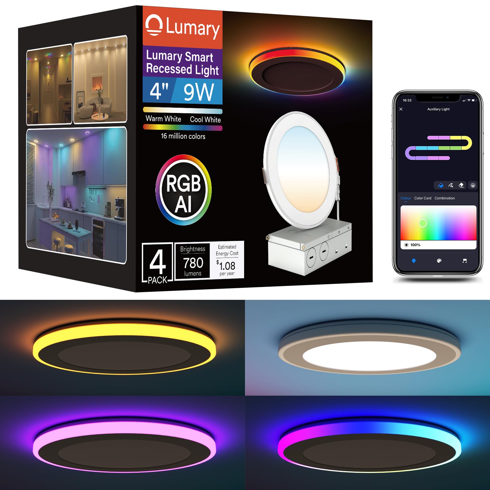 Lumary Smart RGBAI Recessed Light: Versatile 4-in-1 Lighting