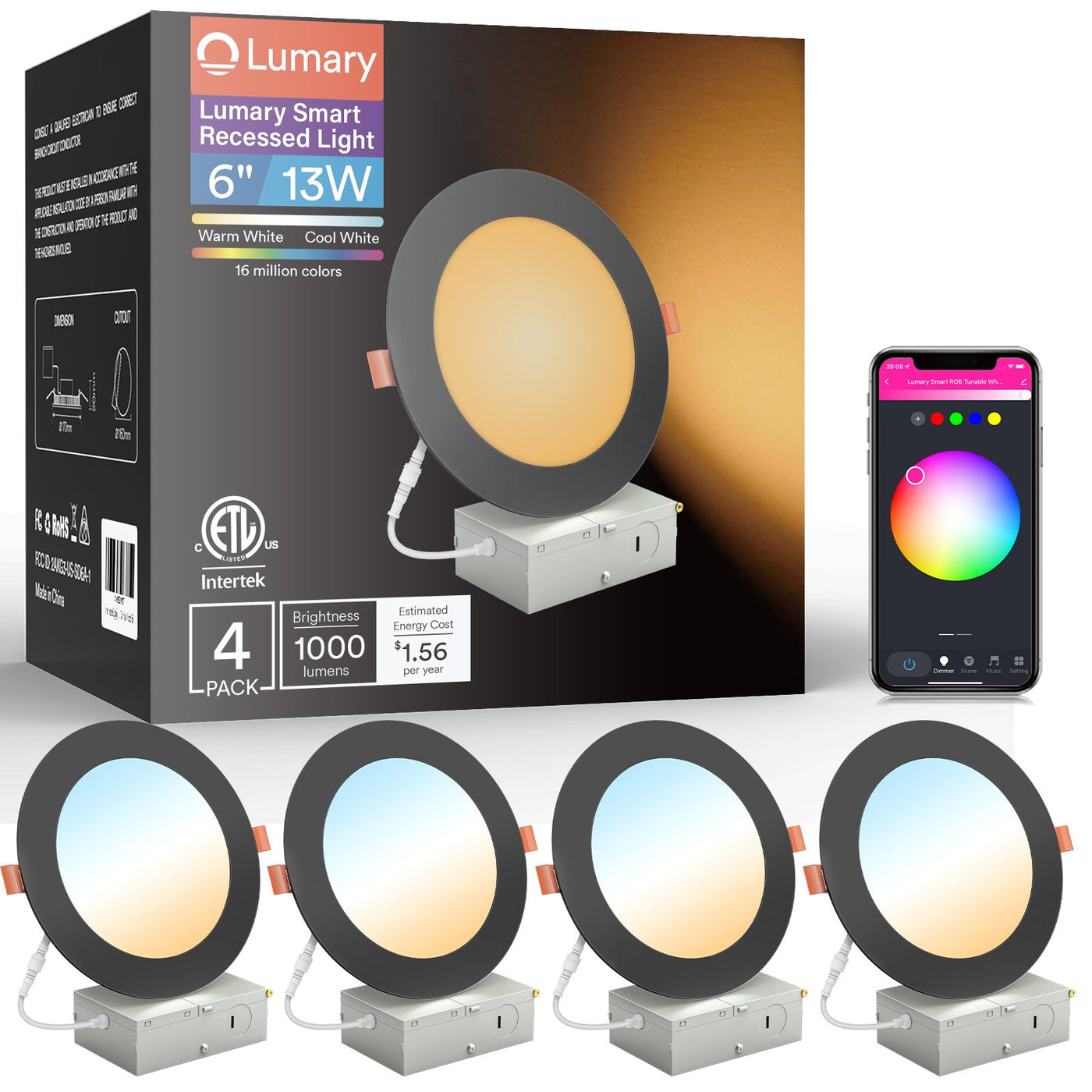 Lumary Smart Recessed Lighting Alexa Ultra-thin RGBW Color Changing ...